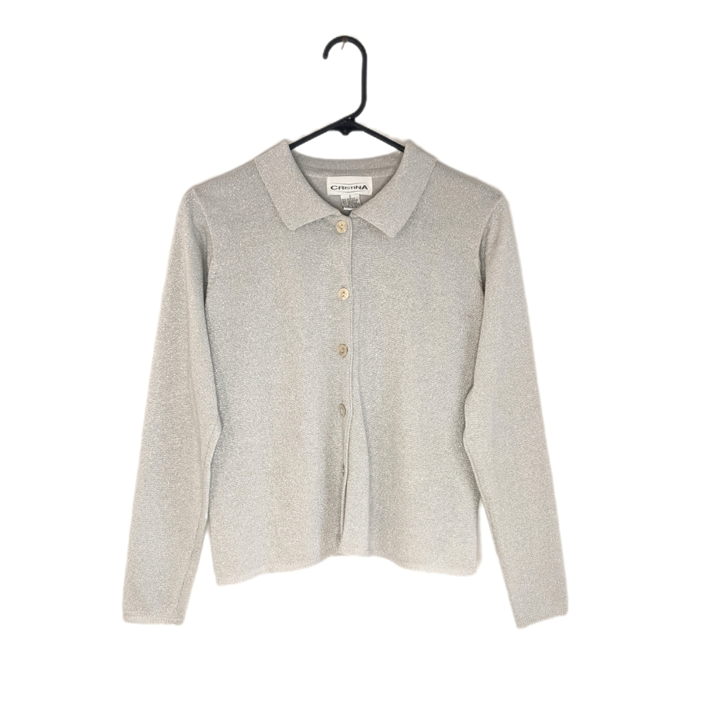Vintage Glam Silver Grey Sparkly Button Down Polo Nec… - Gem